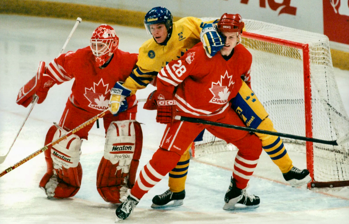 Canada's Corey Hirsch & David Harlock battle Sweden Patrik Juhlin 1994 ...